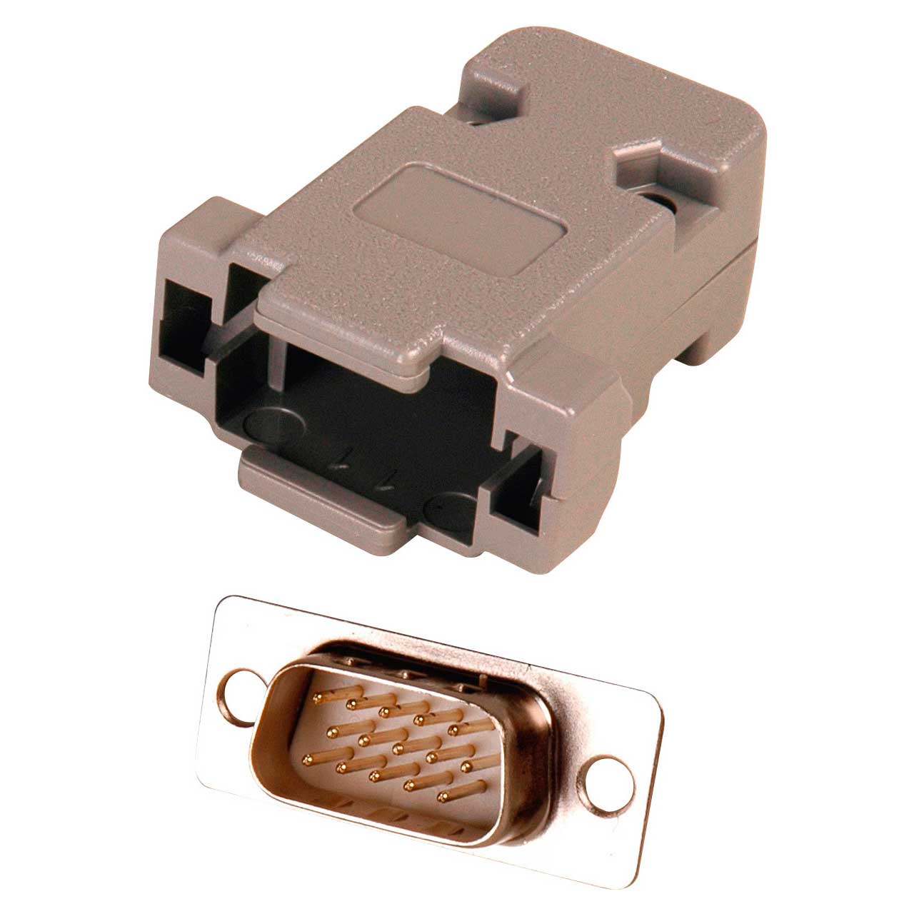 15-Pin HD Male D-Sub Connector with Plastic Hood (DP15HD and DE15B)