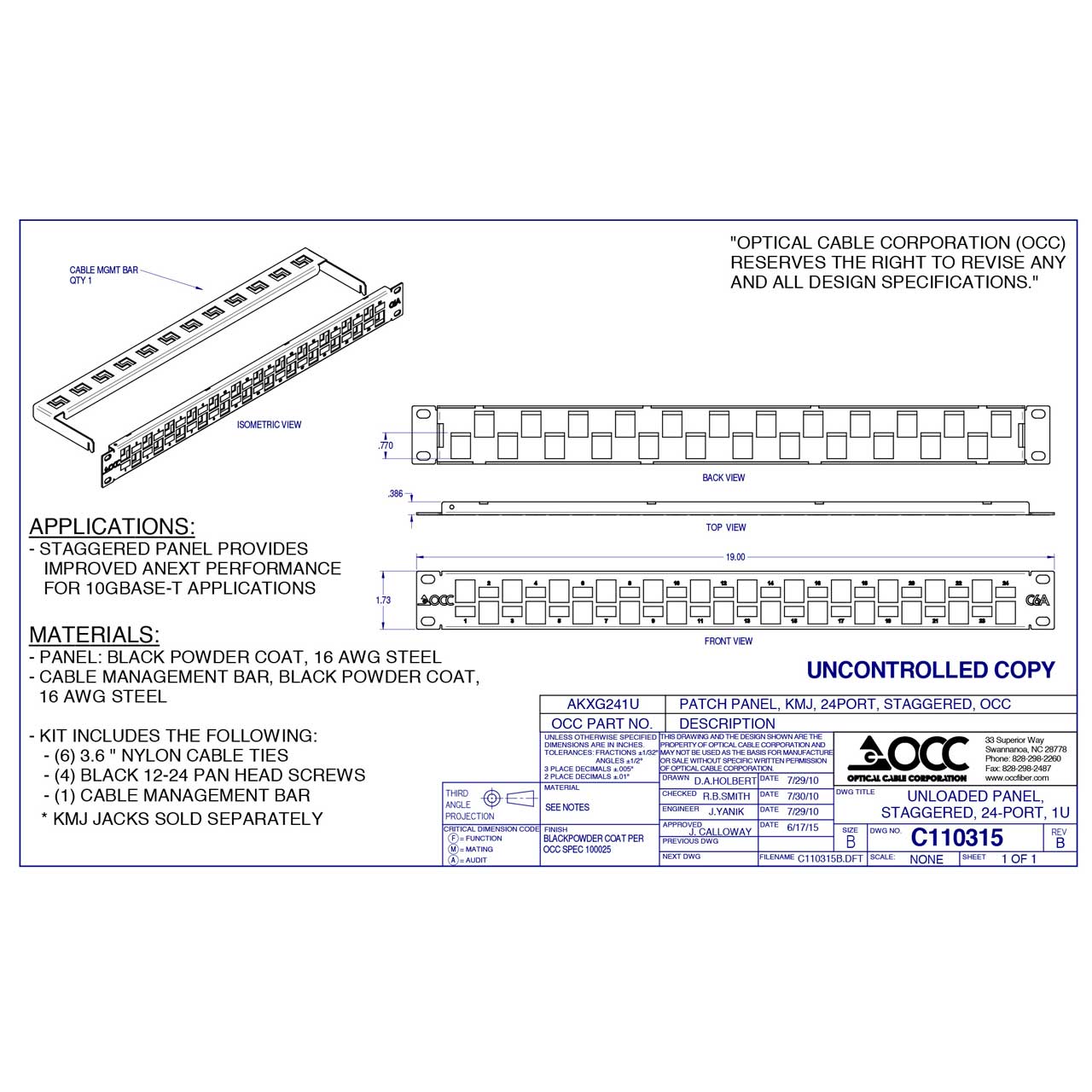 OCC AKXG241U 24-Port 1RU Multimedia Rack Mount Patch Panel