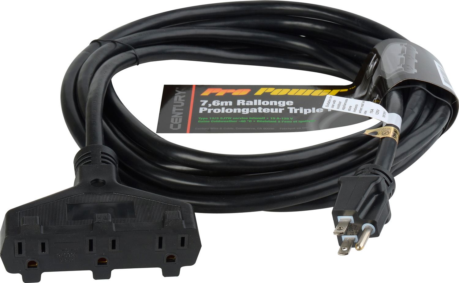 Milspec D15623025 ProPower Tri-Tap Cordset 12/3 AC Extension Cord Black ...