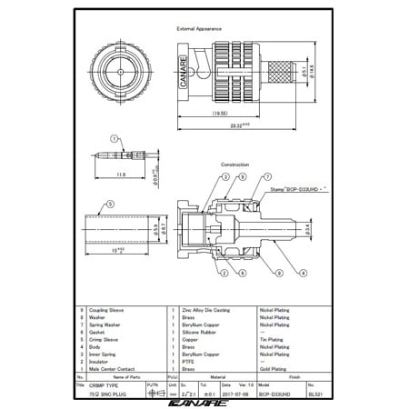 Canare BCP-D33UHD 12G-SDI 4K UHD 75-Ohm Crimp Plug BNC Connector for Canare L-3.3CUHD