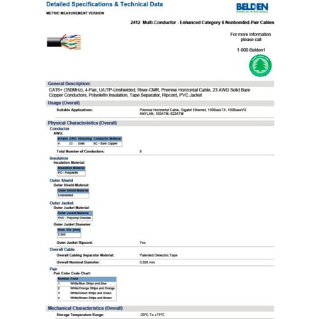 Belden 2412 CMR Enhanced Premise 350MHz CAT6+ 4 Pair U/UTP Cable Solid ...
