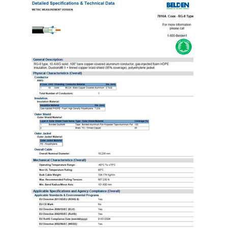 Belden 7810A 50 Ohm Wireless Transmission Coax RG-8 Type Cable - 1000 Foot