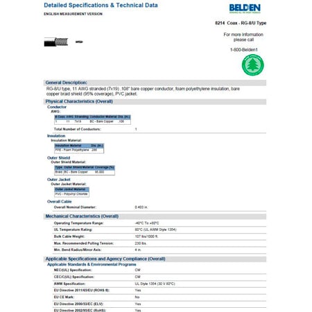Belden 8214 RG-8/U Type 11 AWG 50 Ohm Coaxial Cable