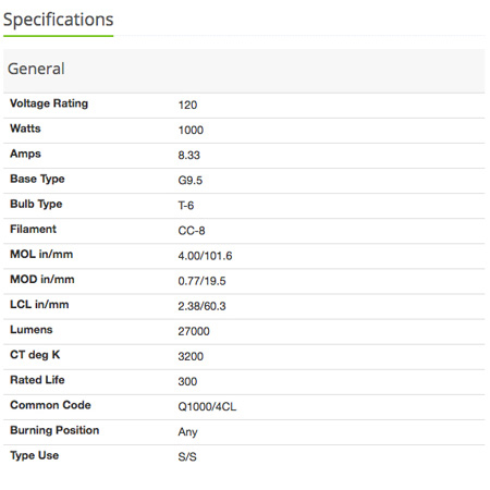 FEL 120 Volt 1000 Watt Lamp with G9.5 Base