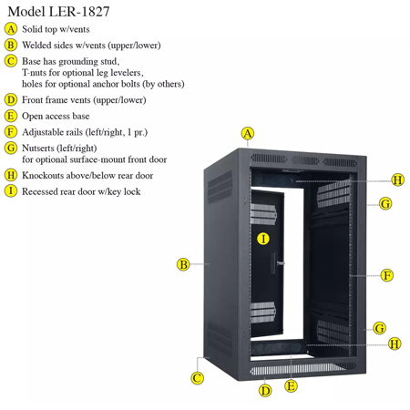 Lowell LER-1827 18RU Enclosed Rack w/ Rear Door / 27 Inch Deep
