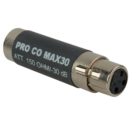 Pro Co Sound MAX30 InLine Pad Adapter XLRF/XLRM 30dB