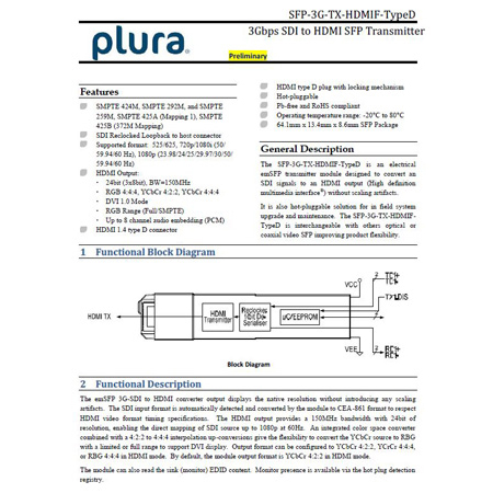 Plura SFP-3G-TX-HDMIF-TypeD SFP Module - 3Gbps SDI to HDMI converter Type D