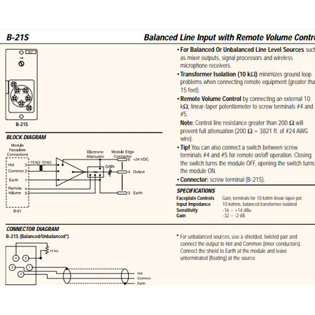 TOA B-21S 900 Series Balanced Line Input Module - 10k Ohms Transformer ...