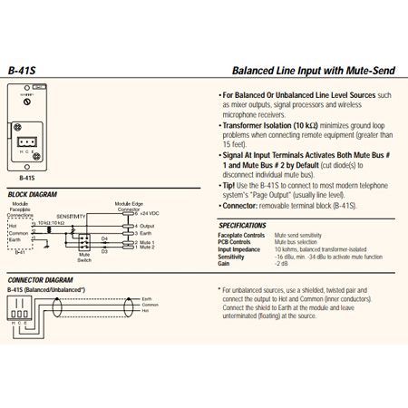 TOA B-41S 900 Series Balanced Line Input Module - 10k Ohms Transformer - Mute-Send- Removable ...