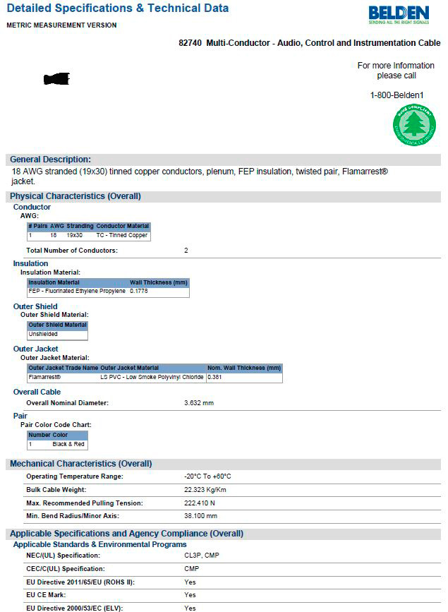 Belden 82740 1-Pair 18AWG Plenum Unshielded Audio Cable - Per Foot