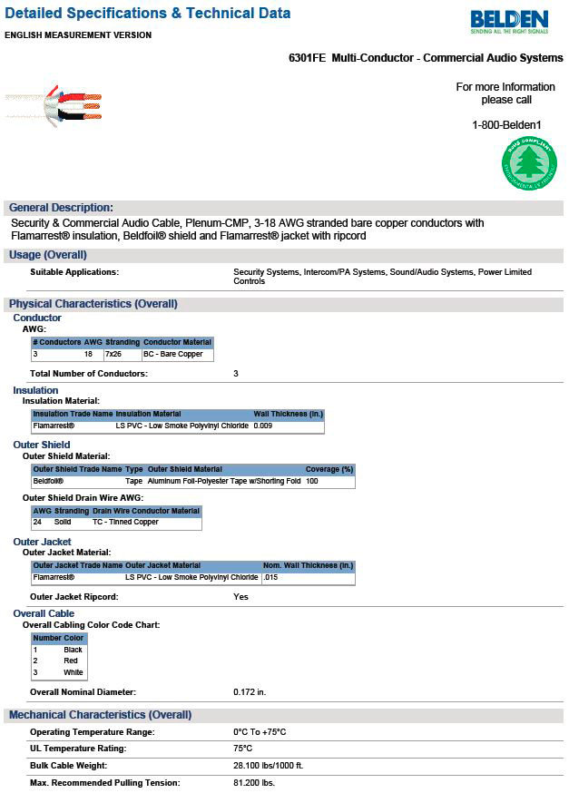 Belden 6301FE Non-Paired 18 AWG Stranded -Shielded Commercial Audio ...