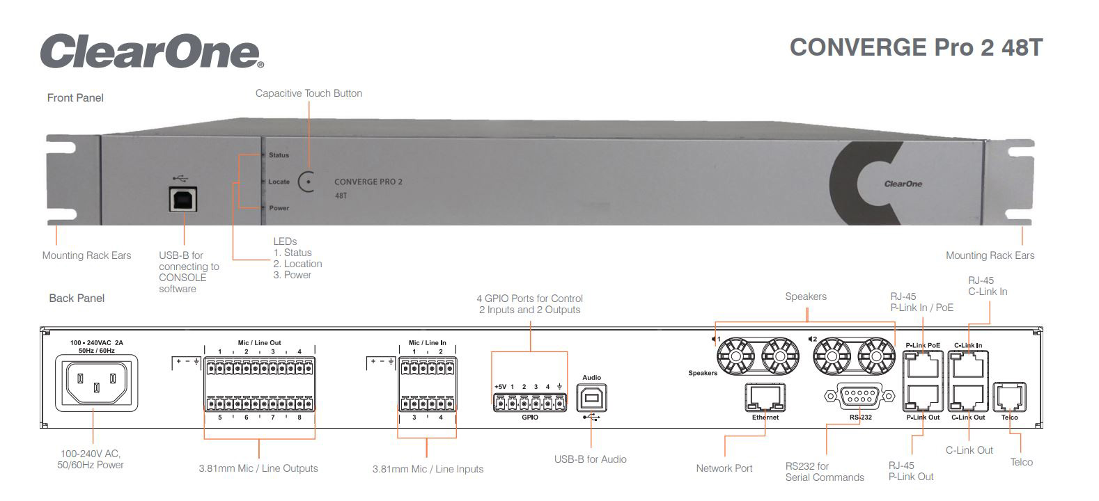 ClearOne 910-3200-005 CONVERGE Pro 2 48T DSP Mixer with 4 mic/line ins ...