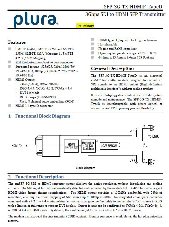 Plura SFP-3G-TX-HDMIF-TypeD SFP Module - 3Gbps SDI to HDMI converter Type D