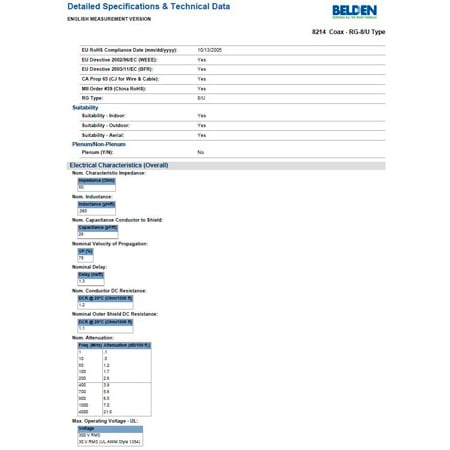 Belden 8214 RG-8/U Type 11 AWG 50 Ohm Coaxial Cable