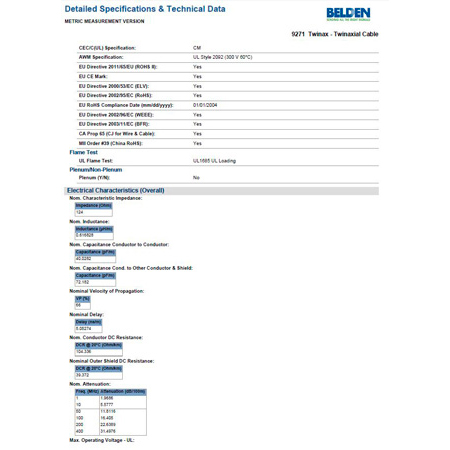 Belden 9271 CM Rated 124 Ohm Twinax Computer & Instrumentation Cable ...