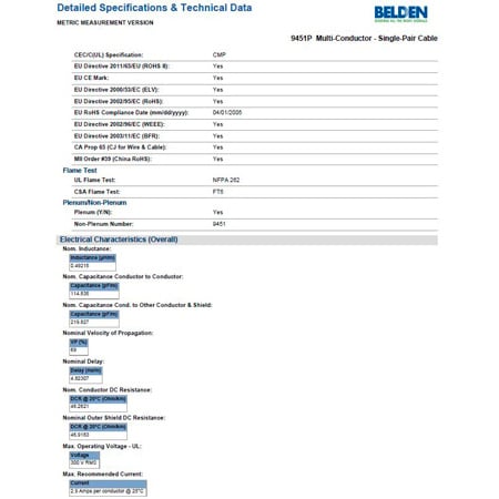 Belden 9451P CMP/Plenum Single Pair Line Level Audio Cable Str TC ...