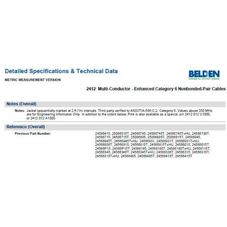 Belden 2412 CMR Enhanced Premise 350MHz CAT6+ 4 Pair U/UTP Cable Solid ...